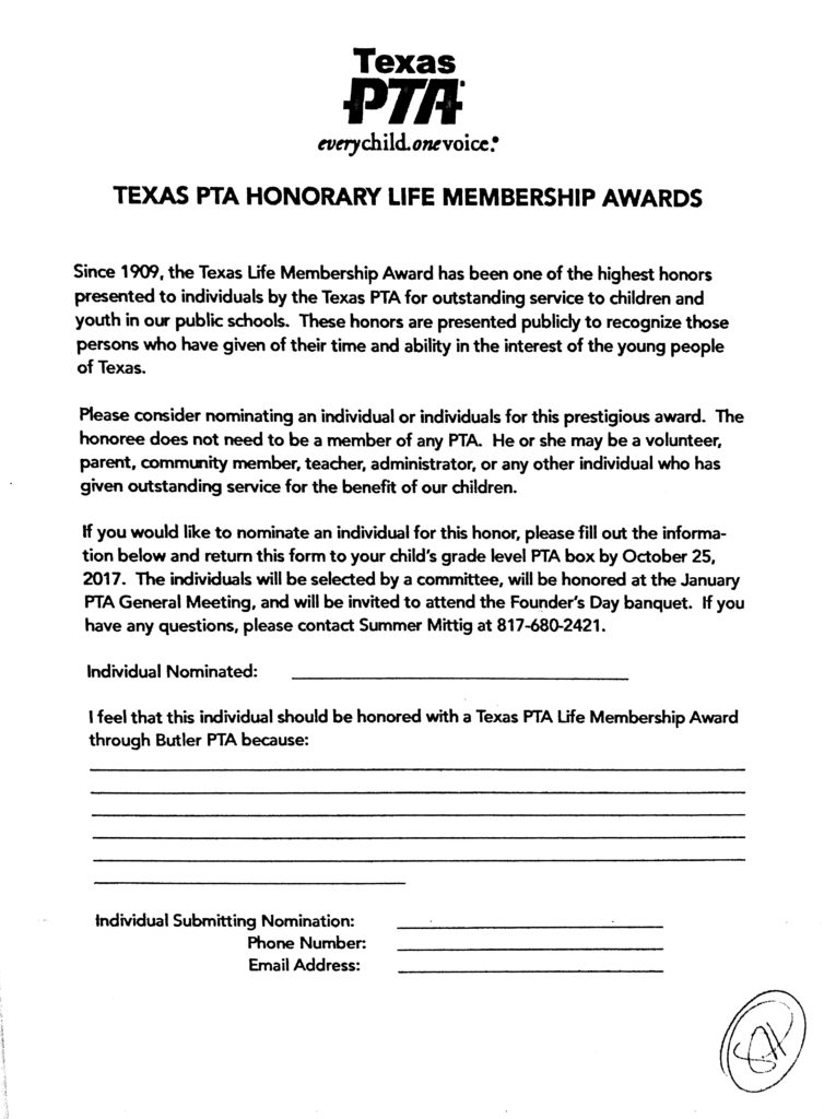 Texas PTA Honorary Life Membership Awards – Nominations Due October 25 ...